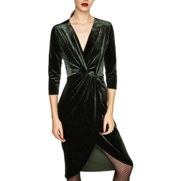 Zara | Dresses | Nwt Zara Crossover Green Velvet Deep V Midi Dress ...